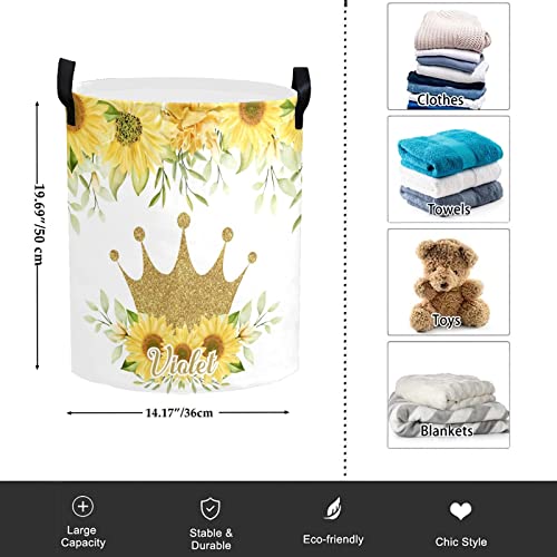 Floral Crown Princess Sunflower Personalized Laundry Basket Hamper,Collapsible Storage Baskets with Handles for Kids Room,Clothes, Nursery Decor