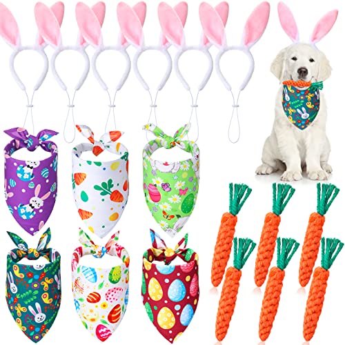 18 Pieces Easter Dog Costumes Including Easter Bunny Ears Headband Easter Dog Bandanas Dog Rope Toys Carrots Puppy Teething Chew Toys for Small Medium Large Dog Easter Party Costume Accessory