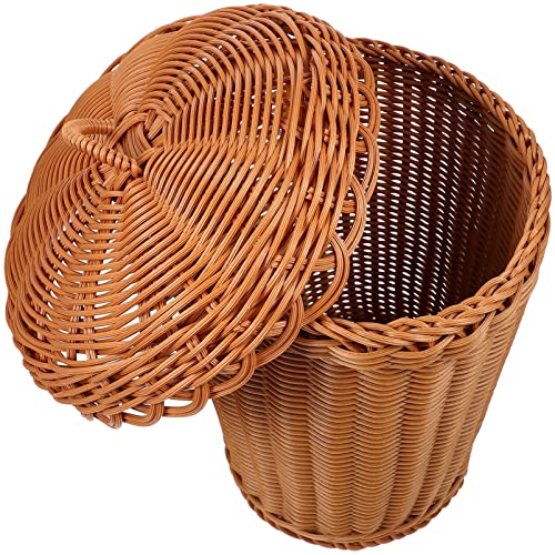 Operitacx Baskets Rattan Wastebasket Round Waste Bin with Lid Farmhouse Trash Can Garbage Container Laundry Sundries Bins for Kitchen Living Room Bedroom Bathroom Straw Container