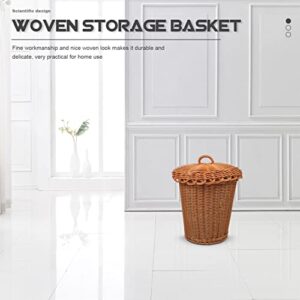 Operitacx Baskets Rattan Wastebasket Round Waste Bin with Lid Farmhouse Trash Can Garbage Container Laundry Sundries Bins for Kitchen Living Room Bedroom Bathroom Straw Container