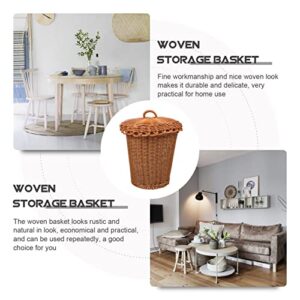 Operitacx Baskets Rattan Wastebasket Round Waste Bin with Lid Farmhouse Trash Can Garbage Container Laundry Sundries Bins for Kitchen Living Room Bedroom Bathroom Straw Container