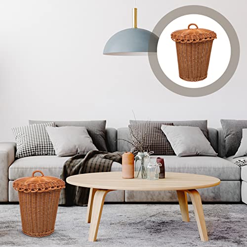 Operitacx Baskets Rattan Wastebasket Round Waste Bin with Lid Farmhouse Trash Can Garbage Container Laundry Sundries Bins for Kitchen Living Room Bedroom Bathroom Straw Container