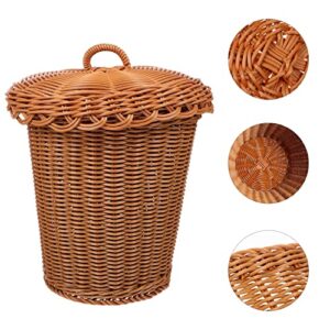 Operitacx Baskets Rattan Wastebasket Round Waste Bin with Lid Farmhouse Trash Can Garbage Container Laundry Sundries Bins for Kitchen Living Room Bedroom Bathroom Straw Container