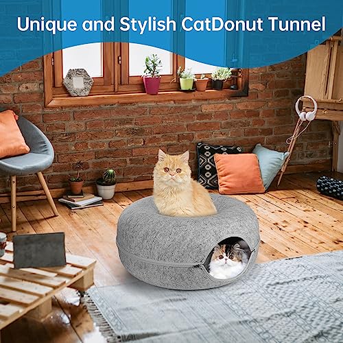 YUNLAN Cat Tunnel Bed, Indoor Cat Cave, Cat Tunnel, Large Cat House, Donut Cat Bed - Perfect for Multi-Cat Households… (Light grey-20inch)