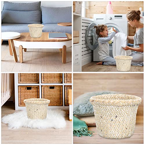 Operitacx Rattan Wastebasket Seagrass Storage Baske Round Waste Bin Trash Can Garbage Bin Waste Paper Container Laundry Hamper for Home Office Kitchen Bathroom