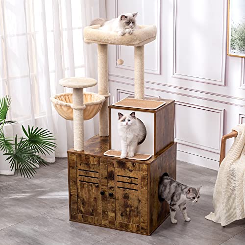 MeowSir Cat Tree with Litter Box Enclosure 2 in 1 Modern 50 Inches Wood Cat Tower with Litter Box Hidden, Large Condo, Spacious Perch, Hammock and Fully Sisal Post for Indoor Cats