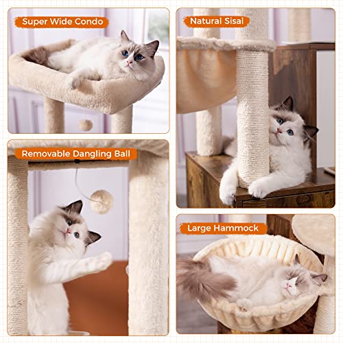 MeowSir Cat Tree with Litter Box Enclosure 2 in 1 Modern 50 Inches Wood Cat Tower with Litter Box Hidden, Large Condo, Spacious Perch, Hammock and Fully Sisal Post for Indoor Cats