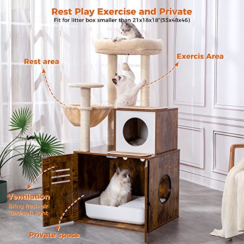 MeowSir Cat Tree with Litter Box Enclosure 2 in 1 Modern 50 Inches Wood Cat Tower with Litter Box Hidden, Large Condo, Spacious Perch, Hammock and Fully Sisal Post for Indoor Cats