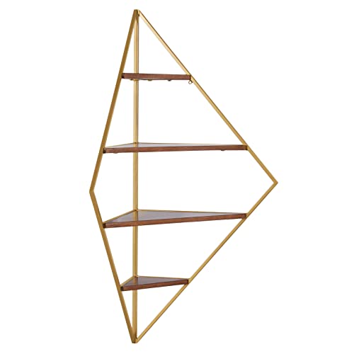 Kate and Laurel Melora Mid-Century Modern Corner Shelf, 24 x 38 x 17, Walnut and Gold, Glamorous Floating Corner Shelving with Four Shelves and Unique Geometric Shape