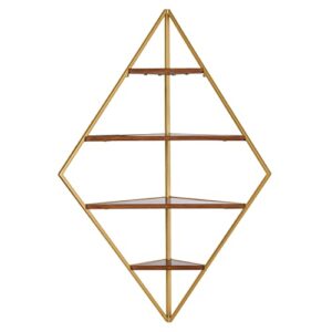 Kate and Laurel Melora Mid-Century Modern Corner Shelf, 24 x 38 x 17, Walnut and Gold, Glamorous Floating Corner Shelving with Four Shelves and Unique Geometric Shape