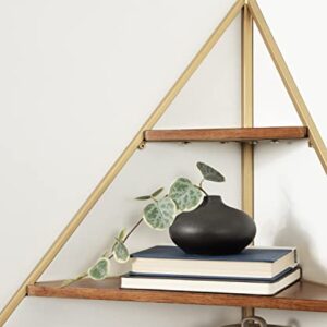 Kate and Laurel Melora Mid-Century Modern Corner Shelf, 24 x 38 x 17, Walnut and Gold, Glamorous Floating Corner Shelving with Four Shelves and Unique Geometric Shape