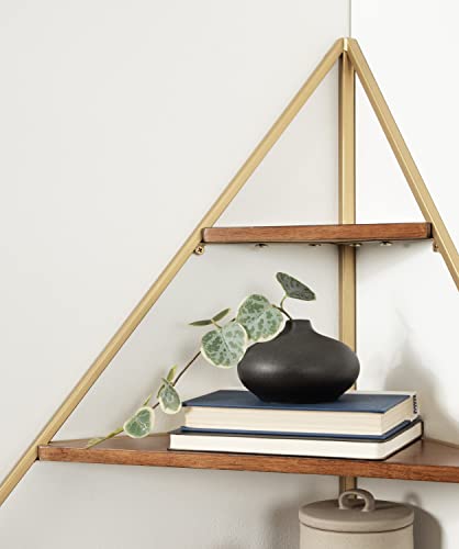 Kate and Laurel Melora Mid-Century Modern Corner Shelf, 24 x 38 x 17, Walnut and Gold, Glamorous Floating Corner Shelving with Four Shelves and Unique Geometric Shape