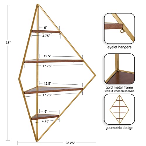 Kate and Laurel Melora Mid-Century Modern Corner Shelf, 24 x 38 x 17, Walnut and Gold, Glamorous Floating Corner Shelving with Four Shelves and Unique Geometric Shape