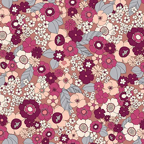 Texco Inc Wool Dobby Floral Graphic/Retro Pattern/100% Poly No Stretch Prints Woven Decoration Apparel Home/DIY Fabric, Dark Peach Deep Pink 1 Yard