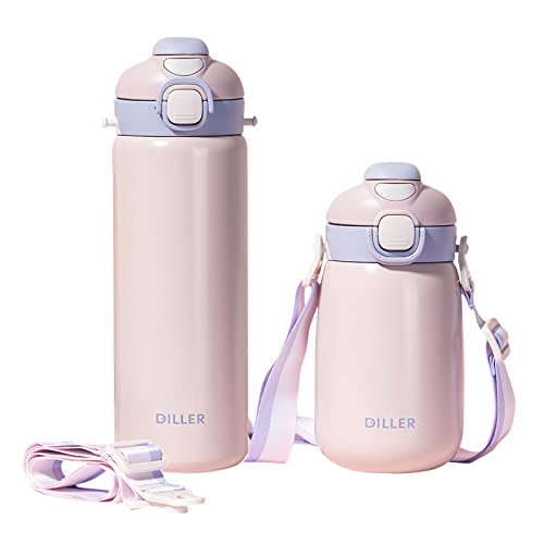 Qengyeen Kids Parent-child Thermos Water Bottle Stainless Steel Metal Insulated Water Bottles with Straw and Strap for Girls Boys for School Gifts,14 ounce 24ounce,pink