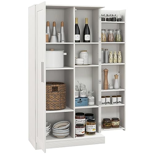 HOMCOM 63" Kitchen Pantry Storage Cabinet, 14-Tier Freestanding Kitchen Cupboard with 2 Doors, Adjustable Shelves for Living Room, Dining Room, White