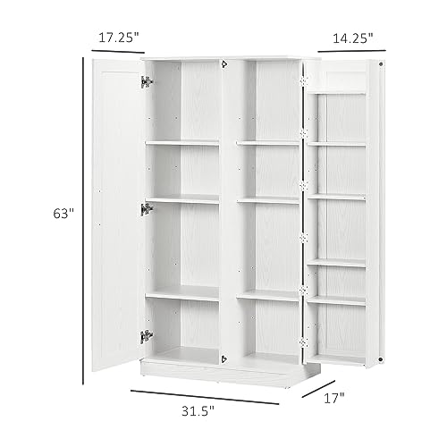 HOMCOM 63" Kitchen Pantry Storage Cabinet, 14-Tier Freestanding Kitchen Cupboard with 2 Doors, Adjustable Shelves for Living Room, Dining Room, White