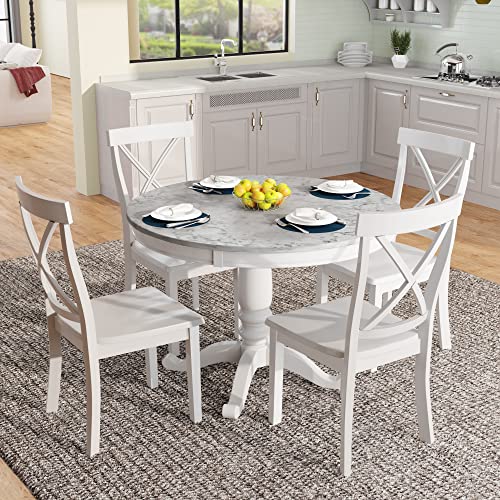 RUNWON 5-Piece Set Marble Top Round Dining Table and X Back Wood 4 Chairs for Kitchen Family, White