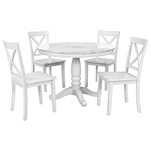 RUNWON 5-Piece Set Marble Top Round Dining Table and X Back Wood 4 Chairs for Kitchen Family, White