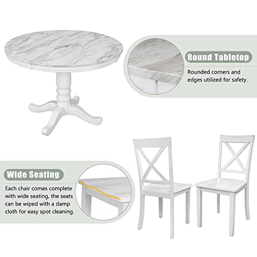 RUNWON 5-Piece Set Marble Top Round Dining Table and X Back Wood 4 Chairs for Kitchen Family, White