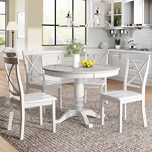 RUNWON 5-Piece Set Marble Top Round Dining Table and X Back Wood 4 Chairs for Kitchen Family, White