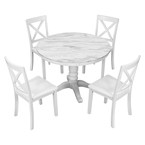 RUNWON 5-Piece Set Marble Top Round Dining Table and X Back Wood 4 Chairs for Kitchen Family, White