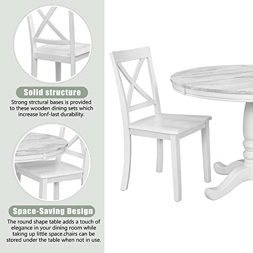 RUNWON 5-Piece Set Marble Top Round Dining Table and X Back Wood 4 Chairs for Kitchen Family, White