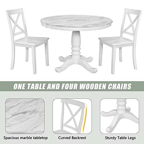 RUNWON 5-Piece Set Marble Top Round Dining Table and X Back Wood 4 Chairs for Kitchen Family, White