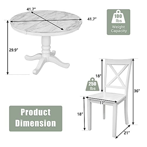 RUNWON 5-Piece Set Marble Top Round Dining Table and X Back Wood 4 Chairs for Kitchen Family, White