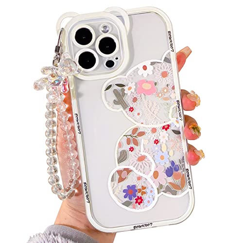 NITITOP Compatible for iPhone 13 Pro Max Case Clear Cute Flower Floral Bear for Girls Women Pattern with Bear Ears Soft TPU Shockproof Protective Girly Cover-Bear