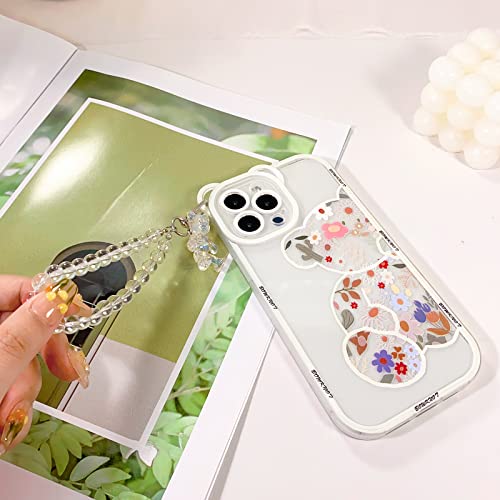 NITITOP Compatible for iPhone 13 Pro Max Case Clear Cute Flower Floral Bear for Girls Women Pattern with Bear Ears Soft TPU Shockproof Protective Girly Cover-Bear