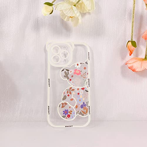 NITITOP Compatible for iPhone 13 Pro Max Case Clear Cute Flower Floral Bear for Girls Women Pattern with Bear Ears Soft TPU Shockproof Protective Girly Cover-Bear