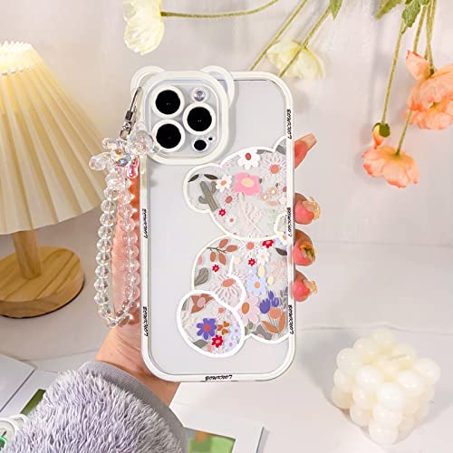 NITITOP Compatible for iPhone 13 Pro Max Case Clear Cute Flower Floral Bear for Girls Women Pattern with Bear Ears Soft TPU Shockproof Protective Girly Cover-Bear