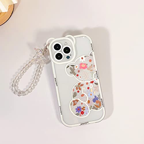 NITITOP Compatible for iPhone 13 Pro Max Case Clear Cute Flower Floral Bear for Girls Women Pattern with Bear Ears Soft TPU Shockproof Protective Girly Cover-Bear