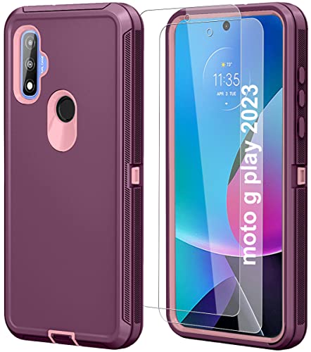 Qinmay for Moto G Play 2023 Case with HD Screen Protector (2 Packs),Motorola Moto G Play 2023 Phone Case 3 in 1 Heavy Duty Armor Shockproof Phone Case for Motorola Moto G Play 2023 (WineRed Pink)