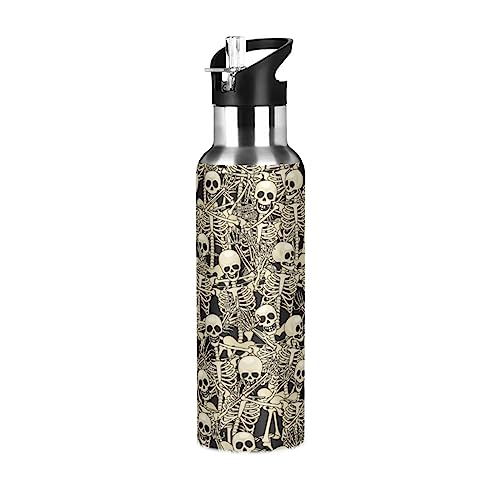 ALAZA Gothic Skull Skeleton Water Bottle With Straw Lids Boys Girls,Vacuum Insulated Leakproof Stainless-Steel Sports Bottle Thermal Flask For Gym Yoga Camping,20Oz (600Ml)