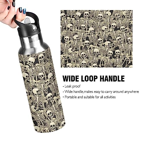 ALAZA Gothic Skull Skeleton Water Bottle With Straw Lids Boys Girls,Vacuum Insulated Leakproof Stainless-Steel Sports Bottle Thermal Flask For Gym Yoga Camping,20Oz (600Ml)