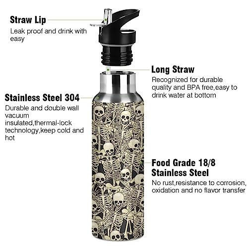 ALAZA Gothic Skull Skeleton Water Bottle With Straw Lids Boys Girls,Vacuum Insulated Leakproof Stainless-Steel Sports Bottle Thermal Flask For Gym Yoga Camping,20Oz (600Ml)