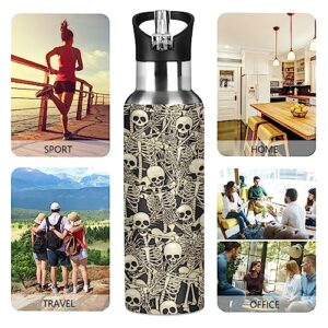 ALAZA Gothic Skull Skeleton Water Bottle With Straw Lids Boys Girls,Vacuum Insulated Leakproof Stainless-Steel Sports Bottle Thermal Flask For Gym Yoga Camping,20Oz (600Ml)