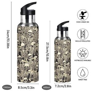 ALAZA Gothic Skull Skeleton Water Bottle With Straw Lids Boys Girls,Vacuum Insulated Leakproof Stainless-Steel Sports Bottle Thermal Flask For Gym Yoga Camping,20Oz (600Ml)