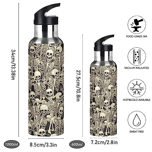 ALAZA Gothic Skull Skeleton Water Bottle With Straw Lids Boys Girls,Vacuum Insulated Leakproof Stainless-Steel Sports Bottle Thermal Flask For Gym Yoga Camping,20Oz (600Ml)