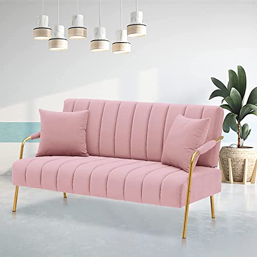 Majnesvon 61" Modern Velvet Loveseat Sofa,Upholstery Love Seat Couches with Tufted Backrest,Golden Metal Legs,Accent Sofa for Living Room Bedroom Apartment Office (Pink)