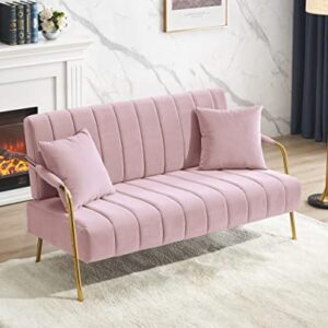 Majnesvon 61" Modern Velvet Loveseat Sofa,Upholstery Love Seat Couches with Tufted Backrest,Golden Metal Legs,Accent Sofa for Living Room Bedroom Apartment Office (Pink)