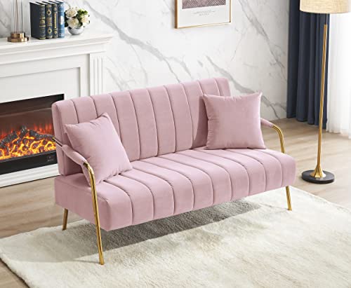 Majnesvon 61" Modern Velvet Loveseat Sofa,Upholstery Love Seat Couches with Tufted Backrest,Golden Metal Legs,Accent Sofa for Living Room Bedroom Apartment Office (Pink)