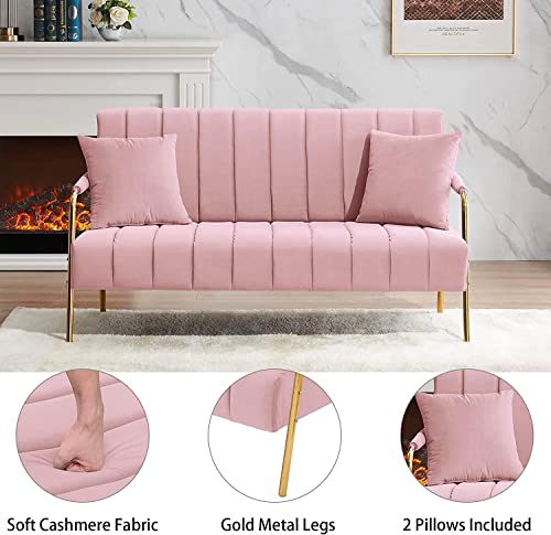 Majnesvon 61" Modern Velvet Loveseat Sofa,Upholstery Love Seat Couches with Tufted Backrest,Golden Metal Legs,Accent Sofa for Living Room Bedroom Apartment Office (Pink)