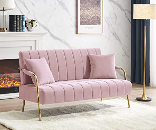 Majnesvon 61" Modern Velvet Loveseat Sofa,Upholstery Love Seat Couches with Tufted Backrest,Golden Metal Legs,Accent Sofa for Living Room Bedroom Apartment Office (Pink)