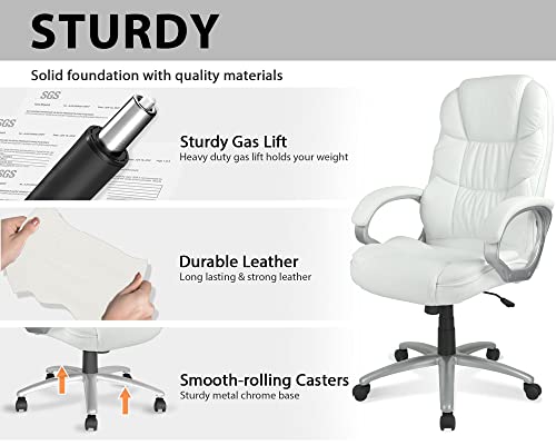 Ergonomic Office Chair, Height Adjustable Pu Leather Office Chair with Padded Armrests and Lumbar Support, 250 Lbs Heavy Duty Swivel Desk Chair Computer Chair for Men Women, Desk Chairs with Wheels