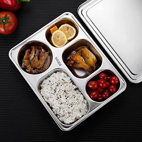 Cezoyx 4 Pack Stainless Steel Divided Trays, 5 Section Divided Dinner Plates Rectangular 304 Steel Section Control Plates for Adults, Kids, Campers, Diet Food Portion Control