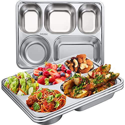 Cezoyx 4 Pack Stainless Steel Divided Trays, 5 Section Divided Dinner Plates Rectangular 304 Steel Section Control Plates for Adults, Kids, Campers, Diet Food Portion Control