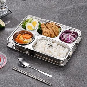 Cezoyx 4 Pack Stainless Steel Divided Trays, 5 Section Divided Dinner Plates Rectangular 304 Steel Section Control Plates for Adults, Kids, Campers, Diet Food Portion Control